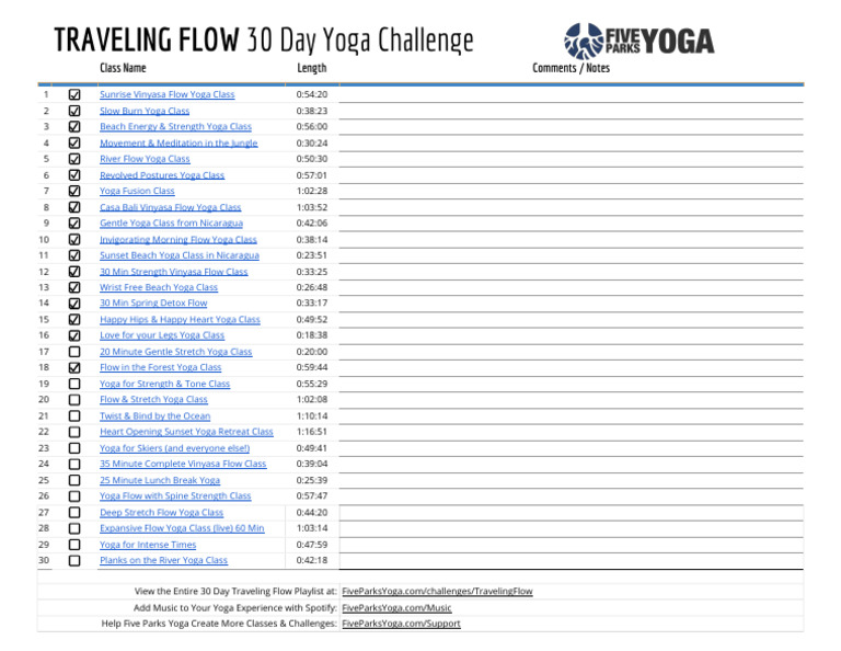 Traveling Flow 30 Day Challenge Five Parks Yoga Assignments | PDF