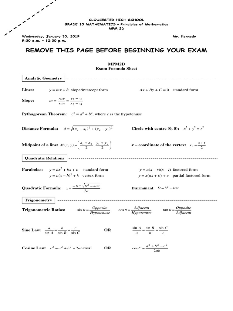 MPM 2D Exam Formula Sheet | Download Free PDF | Trigonometry ...