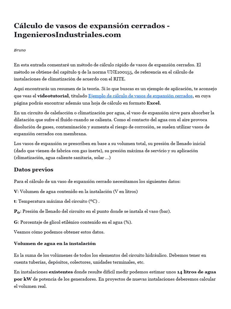 Cálculo de Vasos de Expansión Cerrados - Calderines | PDF | Mecánica de Medios Continuos ...