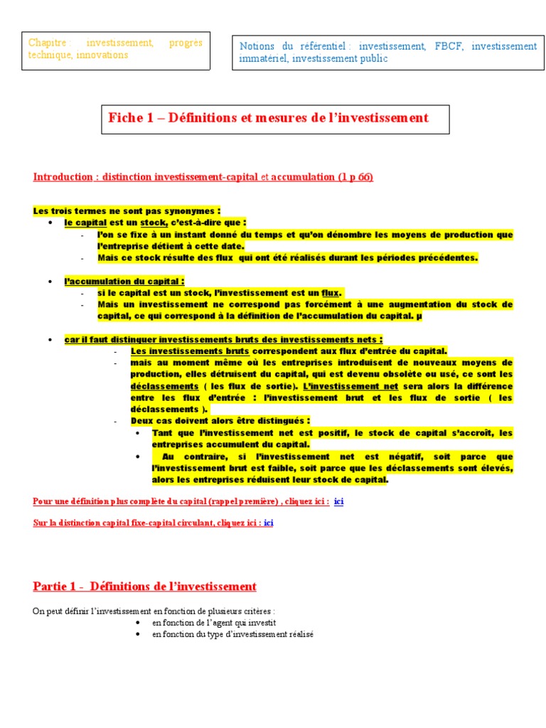 fiche 1- définition et mesure de l'investissement | Capital immatériel | Investir