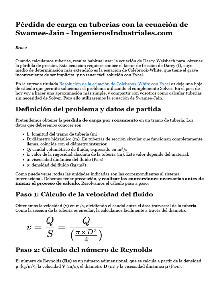 Pérdida de Carga en Tuberías Con La Ecuación de Swamee-Jain | PDF ...