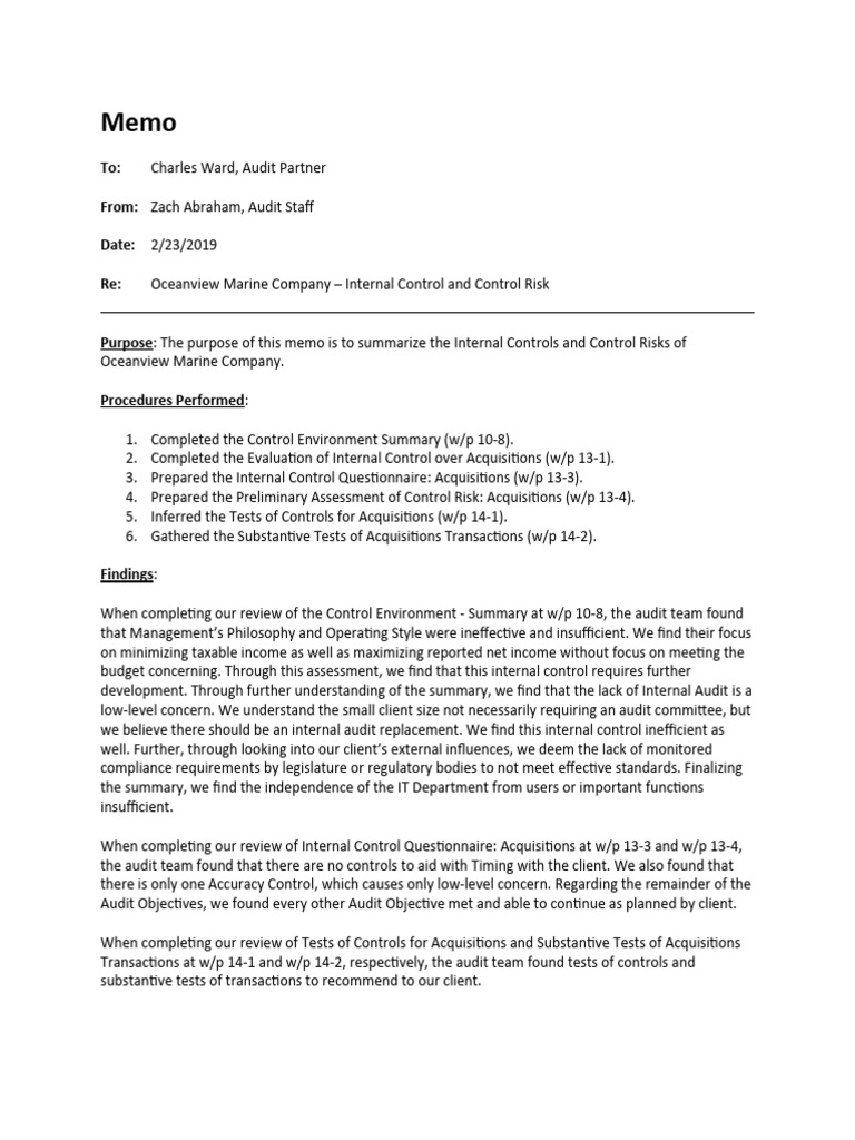 Case 4 Memo | PDF | Internal Control | Audit