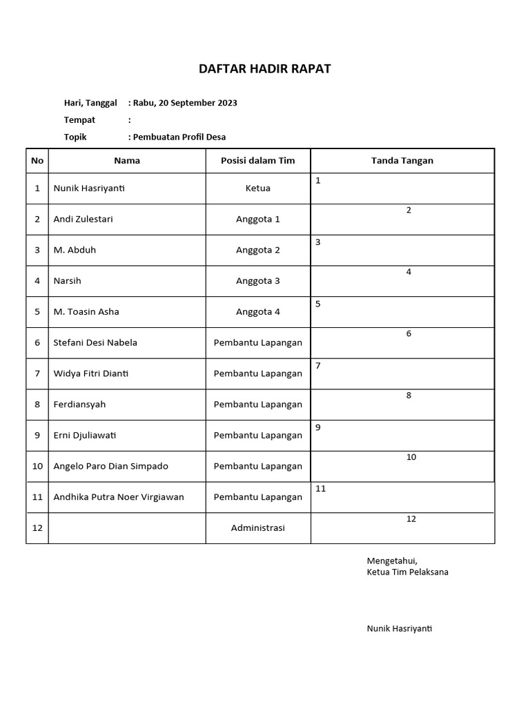 Daftar Hadir Rapat | PDF