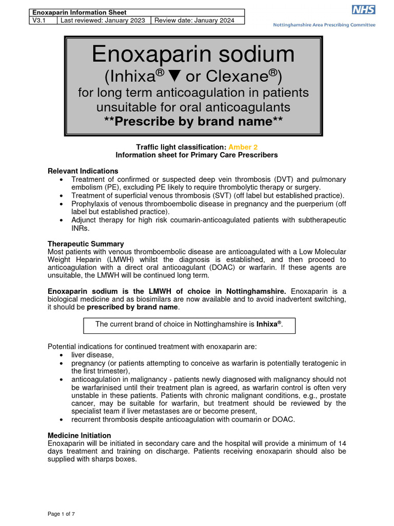 Enoxaparin Info Sheet | PDF | Thrombosis | Clinical Medicine