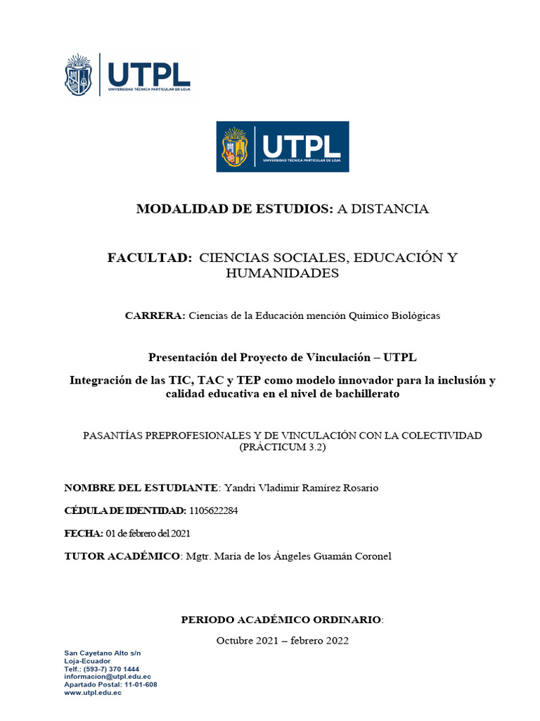 Presentación Del Proyecto de Vinculación - UTPL | PDF | Enseñando | Aprendizaje