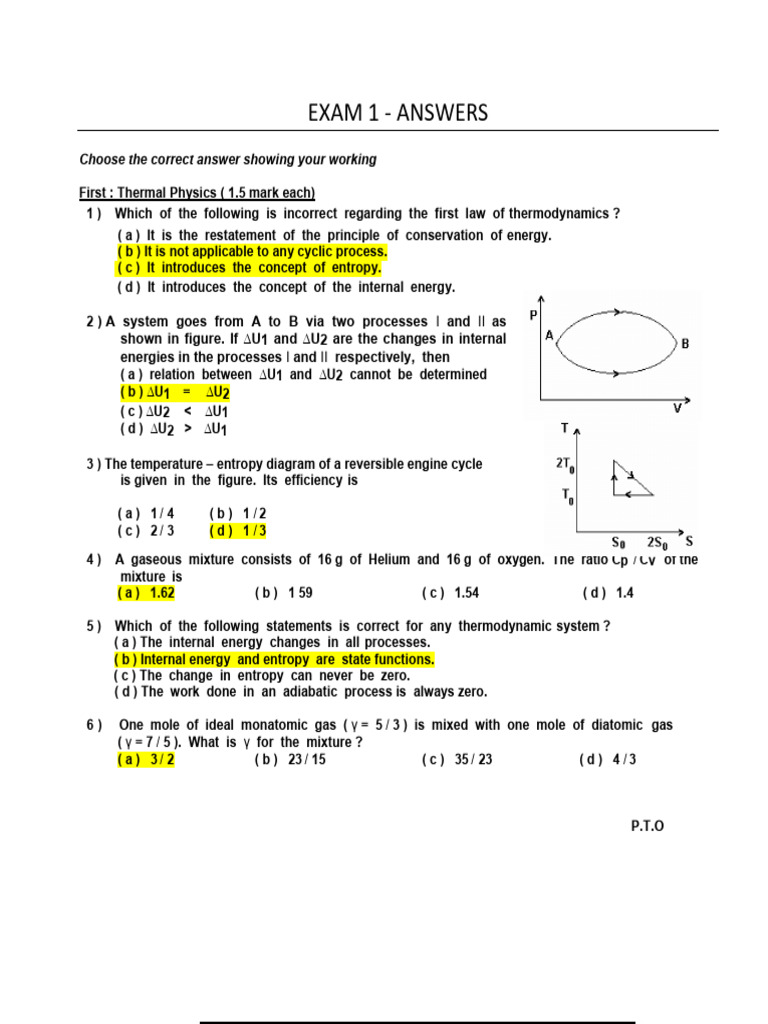 Exam 1 Answers | PDF | Gases | Temperature