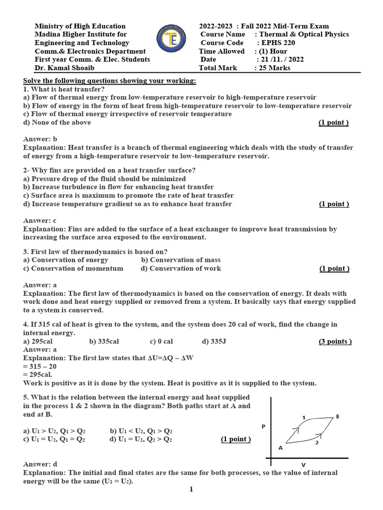 Thermal& Optica Physics Mid Term Fall 2022 Answers | Download Free PDF | Heat | Gases