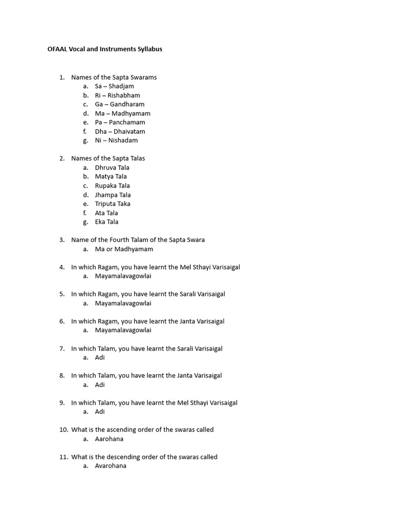 OFAAL Vocal and Instruments Syllabus | PDF