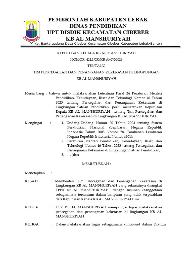 Contoh SK Kepala Paud Dan Dikmas Pembentukan TPPK | PDF