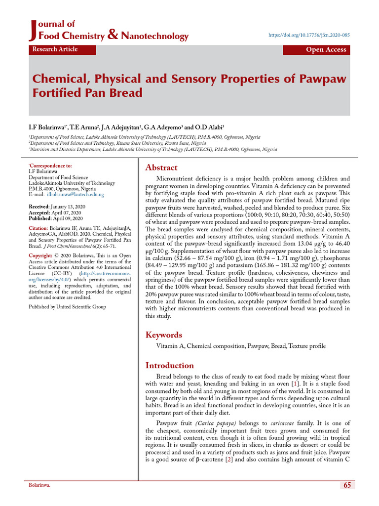 Chemical Physical and Sensory Properties of Pawpaw | PDF | Breads | Micronutrient