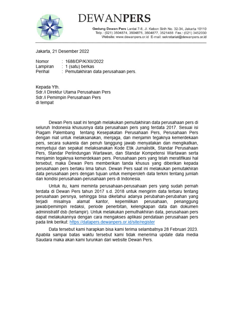1688-Surat Keluar Dewan Pers Tentang Pemutakhiran Data Media | PDF
