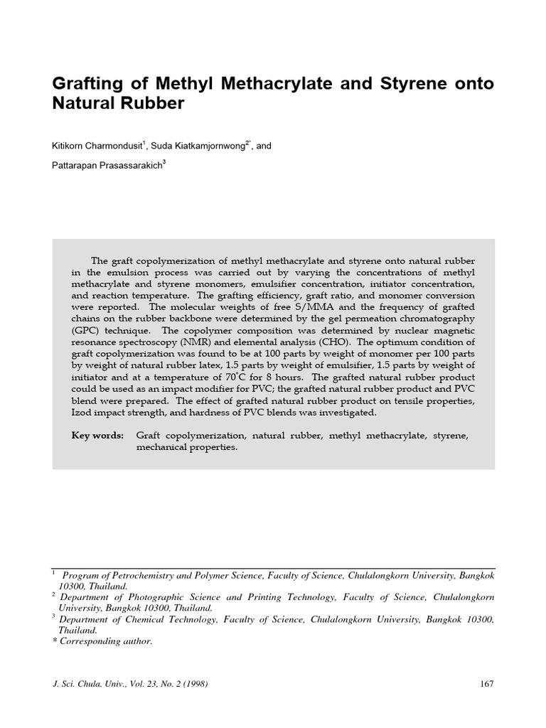 Grafting of Methyl Methacrylate and Styrene Onto Natural Rubber | PDF