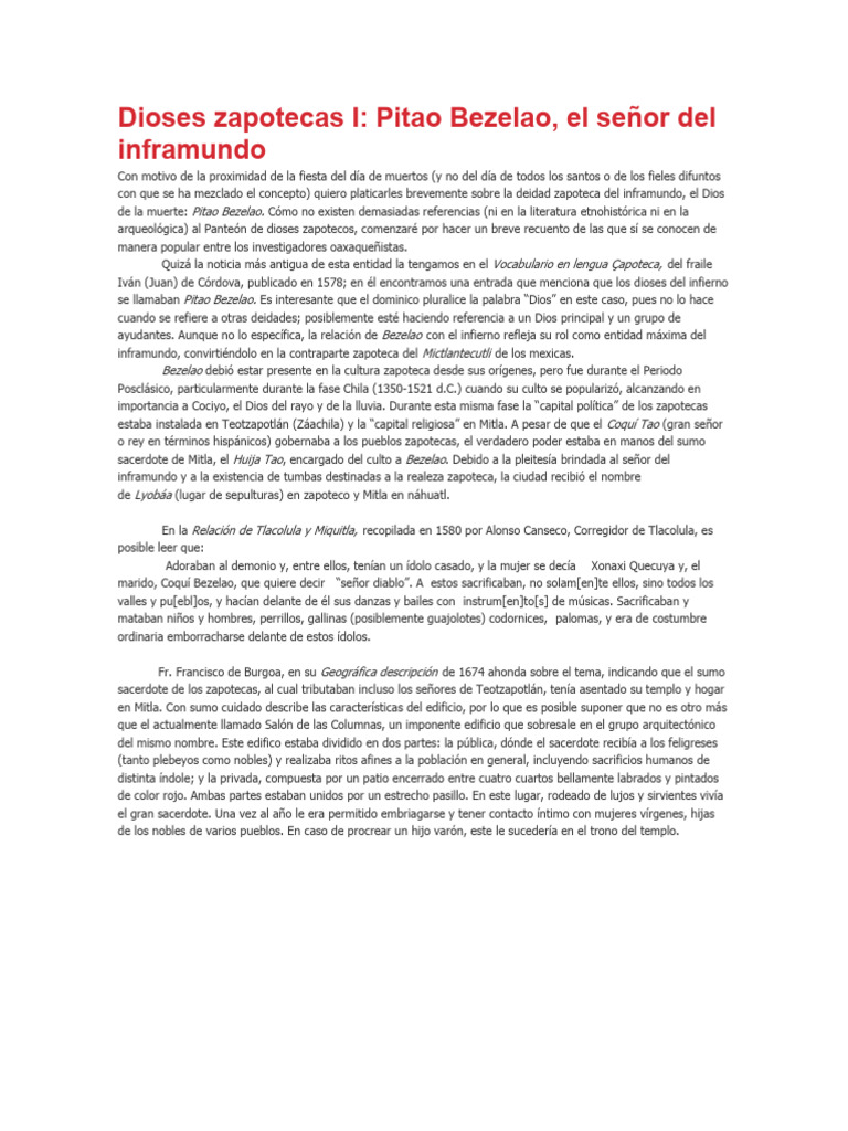 Pitao Bezelao: Dios del Inframundo Zapoteca | PDF | Deidades | Infierno