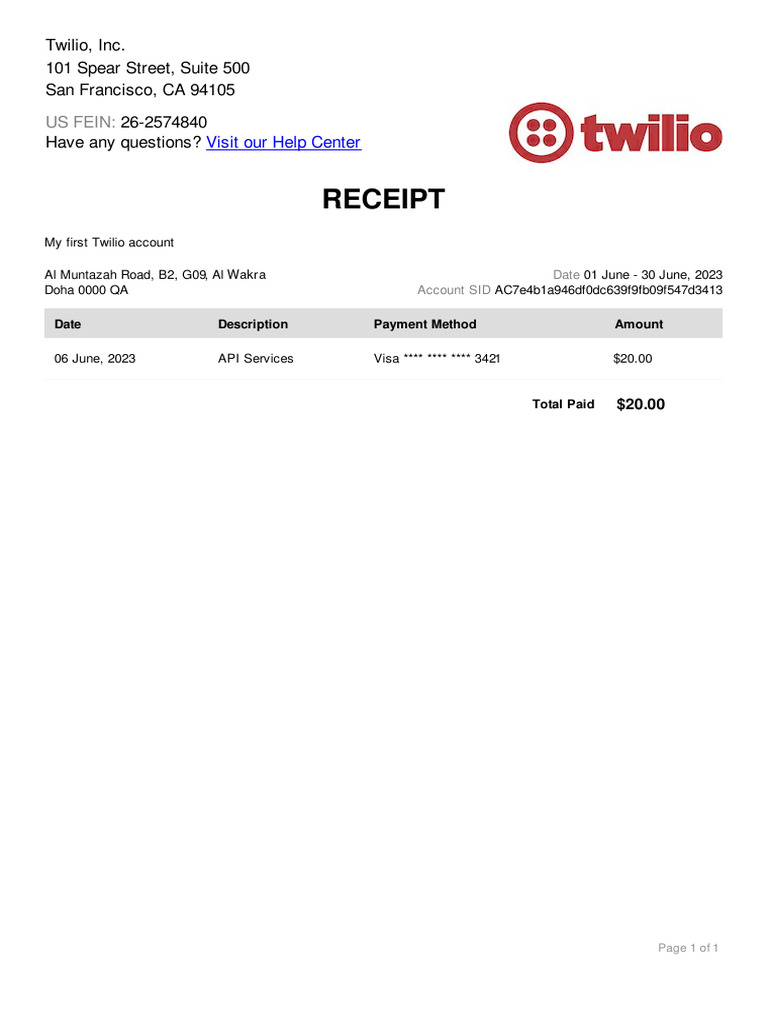 Twilio Receipt for June 2023 Payment | PDF | Finance & Money Management