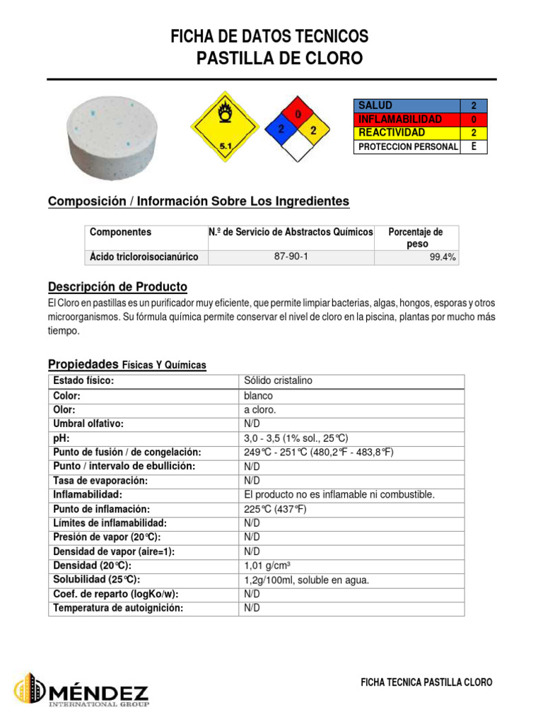 Ficha de Datos Tecnicos Pastilla de Cloro: Composición / Información ...