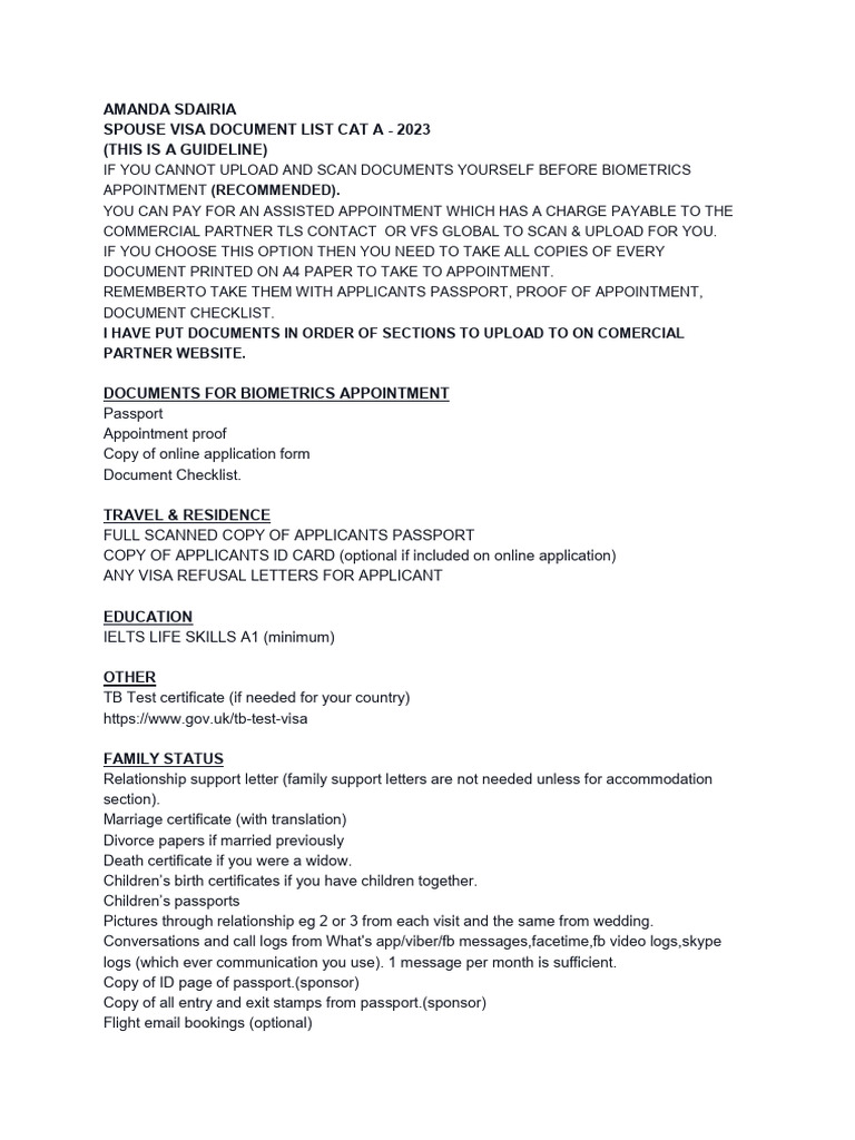 1 Spouse Visa Document List Cat A 2023 | PDF | Passport | Employment