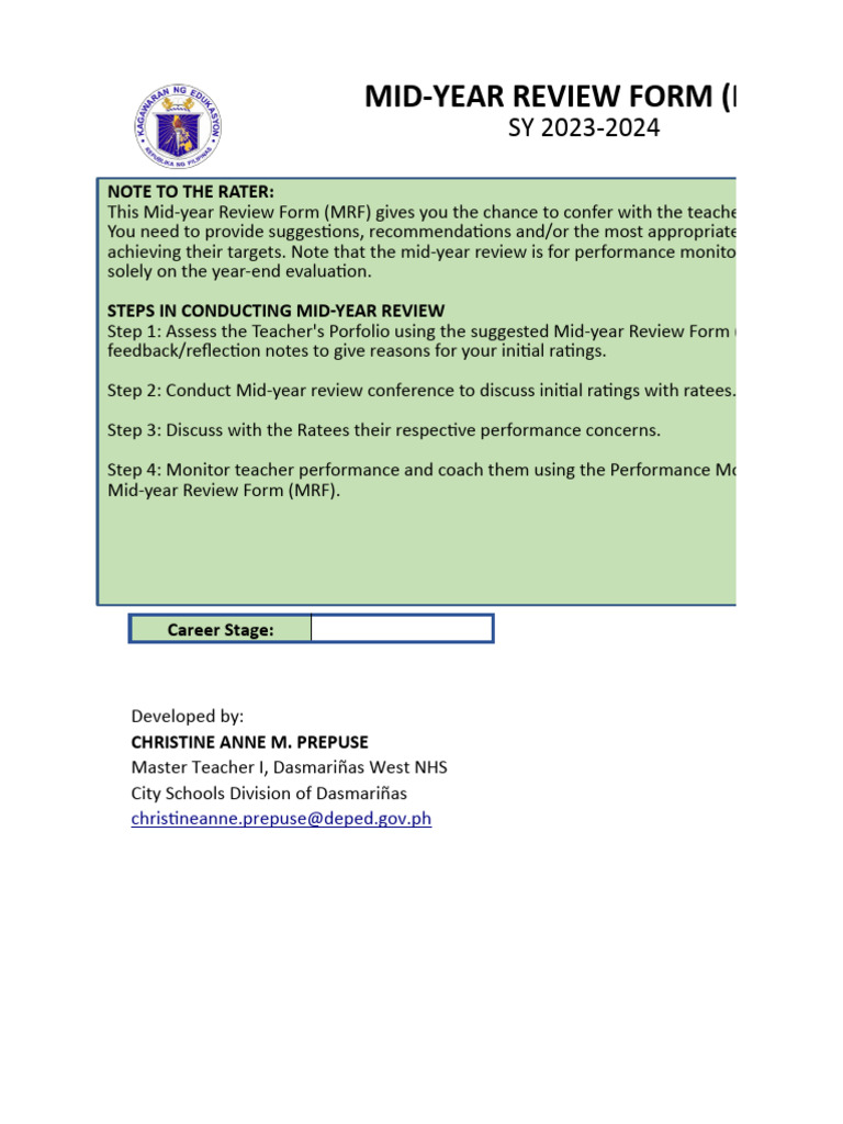 Midyear Review Form MRF 2023 2024.xlsm | PDF | Learning | Lesson Plan