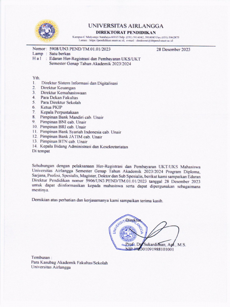 5908.UN3.PEND - TM.01.01.2023 - Dir - Dik - Penyampaian Edaran Her-Registrasi Dan Pembayaran UKS ...