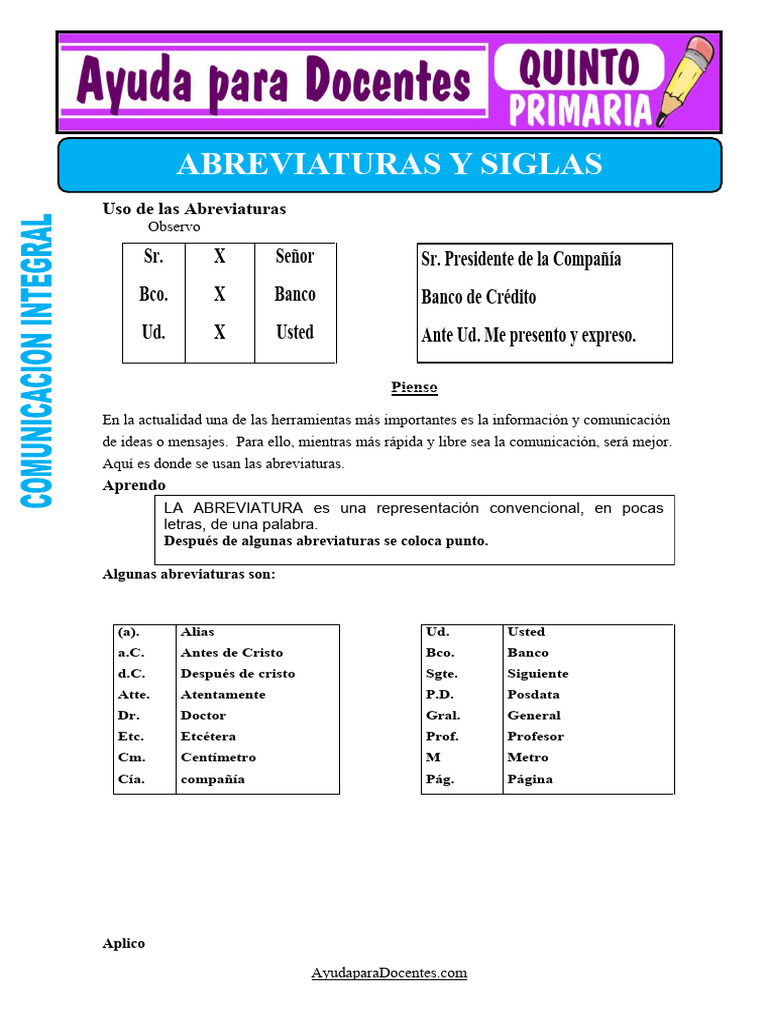 Abreviaturas y Siglas para Quinto de Primaria | PDF