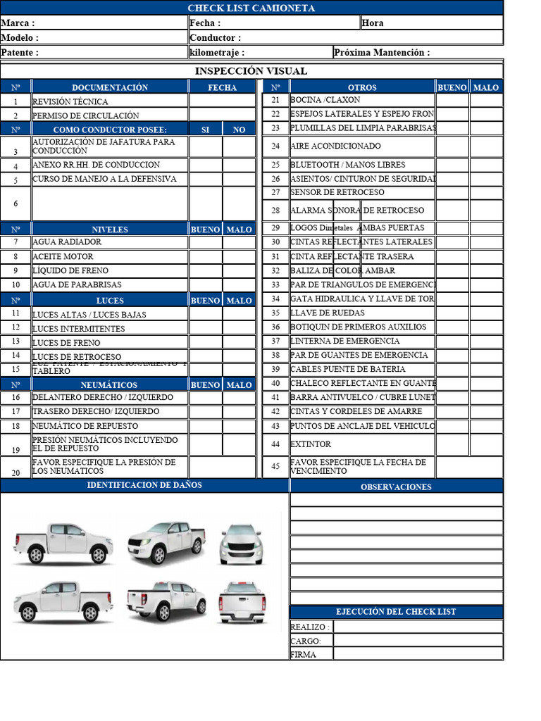 Check List Camioneta | PDF | Neumático | Bienes manufacturados