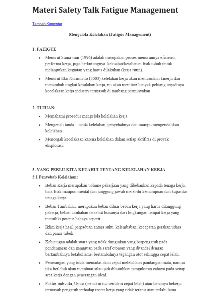 Materi Safety Talk Fatigue Management 13020140 | PDF