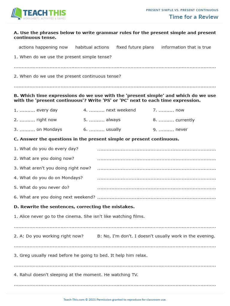 Time For A Review - Present Simple and Continuous | PDF | Grammatical ...