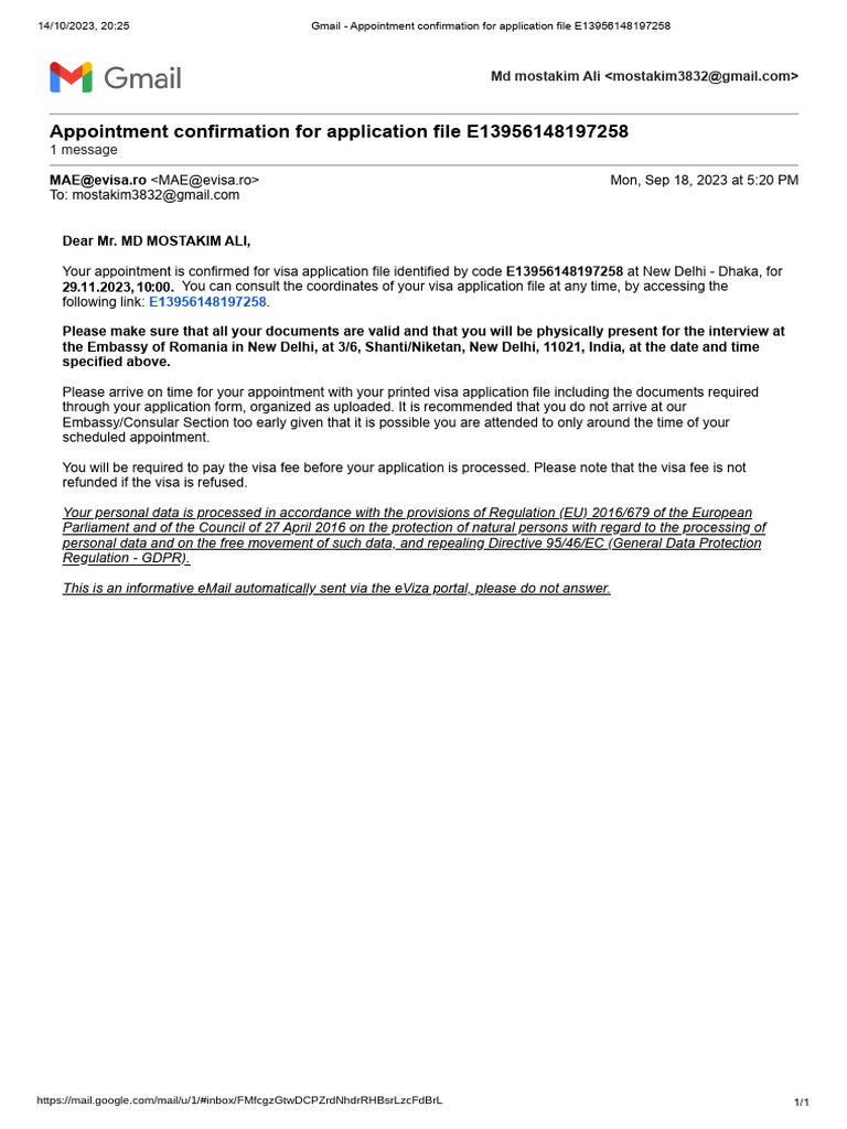 Appointment Confirmation For Application File E13956148197258 | PDF