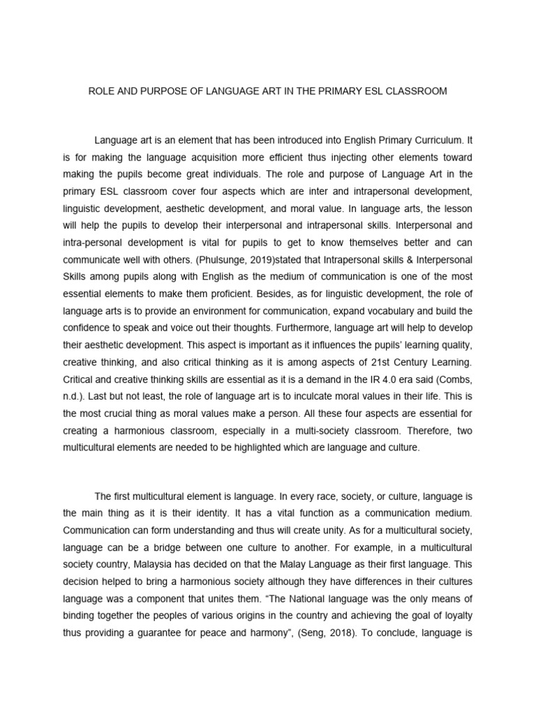 Role and Purpose of Language Art in The Primary Esl Classroom | PDF ...