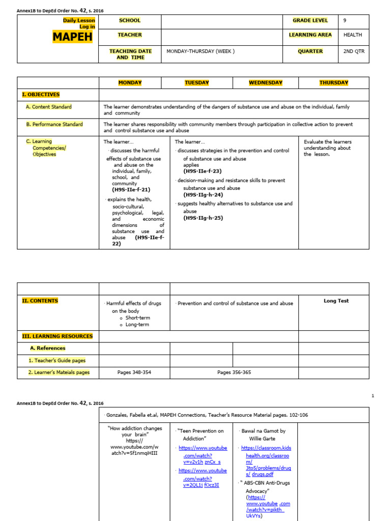 Q2 Grade 9 HEALTH DLL Week 2 | PDF | Substance Abuse | Learning
