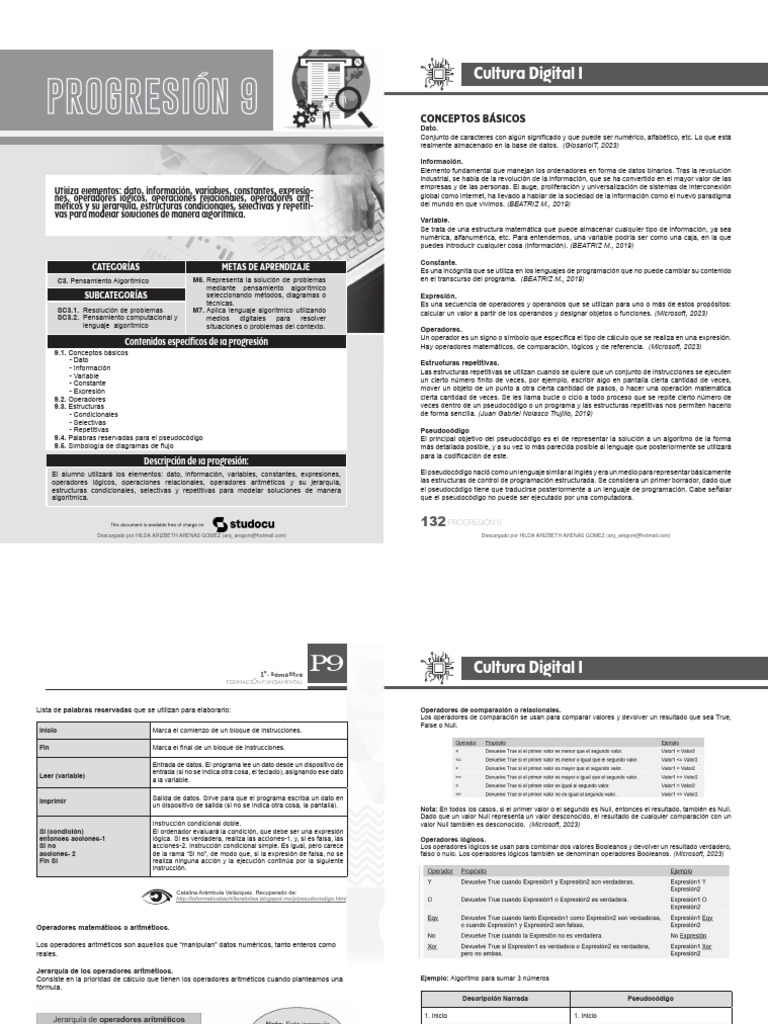 PROGRESIÓN 9 - Cultura Digital I | Descargar gratis PDF | Algoritmos | Lenguaje de programación