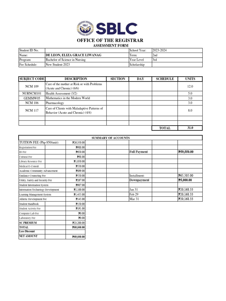 2nd-Term-Assessment Form-Second Course-Bsn-De Leon, Eliza Grace Liwanag ...