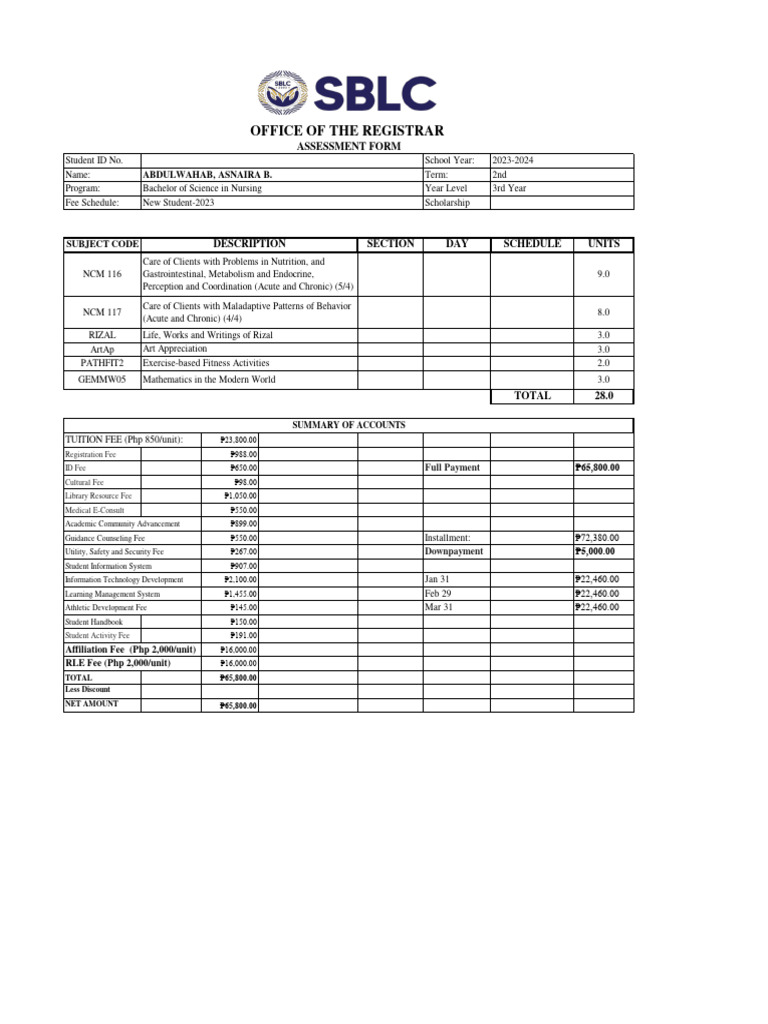 2nd-Term-Assessment Form-Transferee-Bsn 3 (Life) - Abdulwahab, Asnaira ...