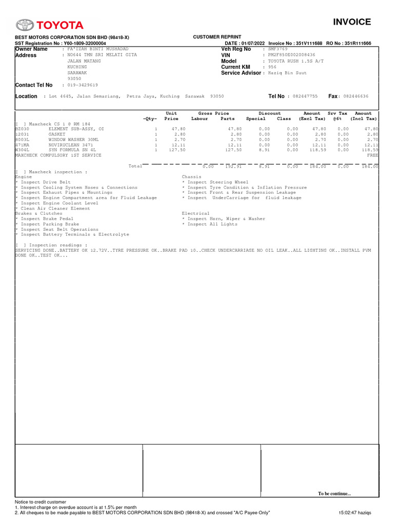 Invoice: Owner Name Veh Reg No Address VIN Model Current KM Service ...