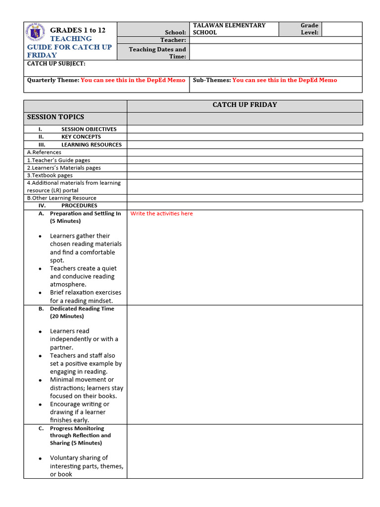 Teaching Guide For Catch Up Friday - National Reading Program | PDF ...