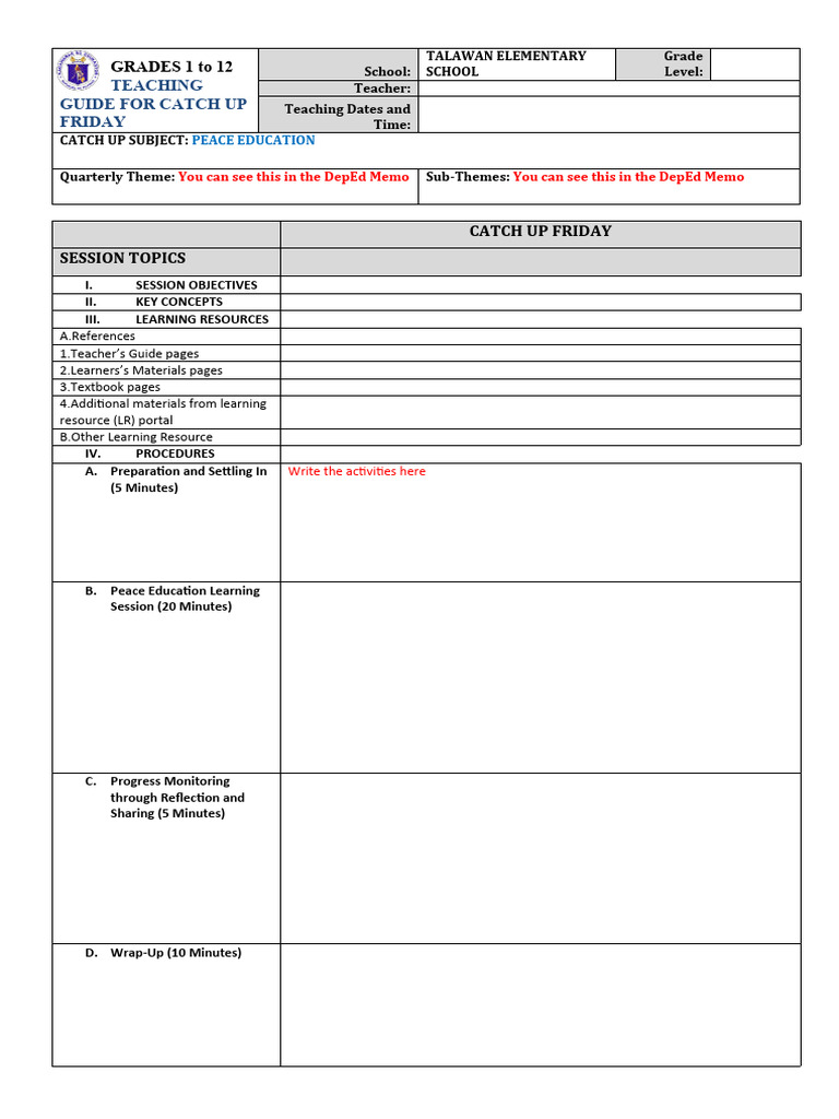 Teaching Guide For Catch Up Friday - Peace Education | PDF | Learning ...