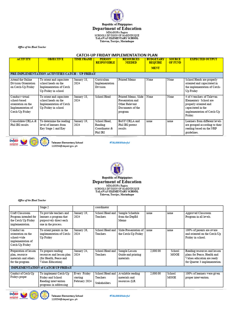 Catch-Up Friday Implementation Plan - Talawan Es | PDF Catch-Up Friday Implementation Plan - Talawan Es | PDF