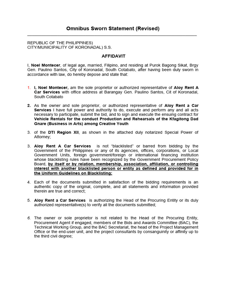 Omnibus-Sworn-Statement-Template - Rent A Car Services V.1 | PDF