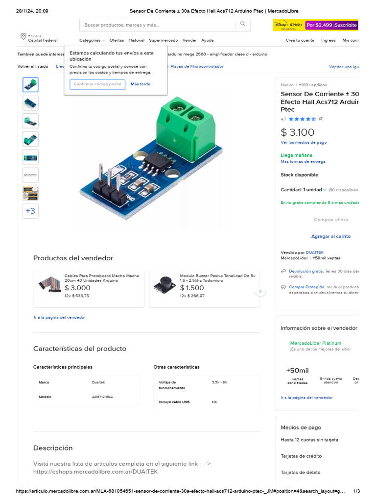 Sensor Corriente ACS712 para Arduino | PDF
