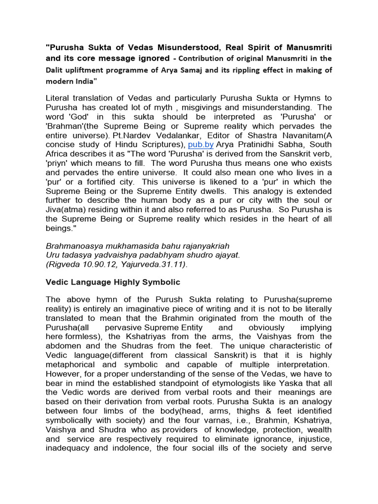 Purusha Sukta of Vedas Misunderstood | PDF | Hindu Literature | Indian ...