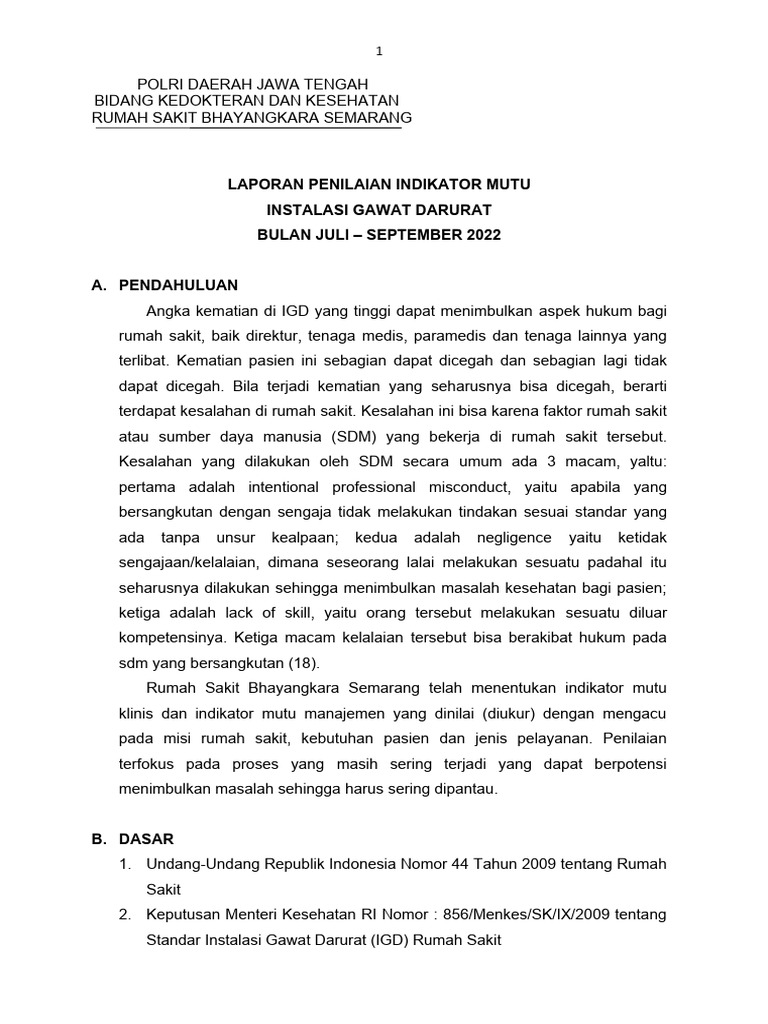 Laporan Indikator Mutu Unit Igd Jul - Sept 2022 | PDF