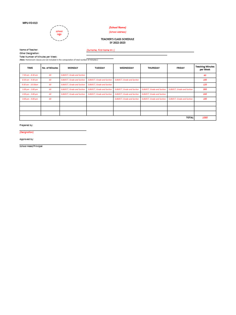 TSS Teacher Class Schedule Format2 | PDF