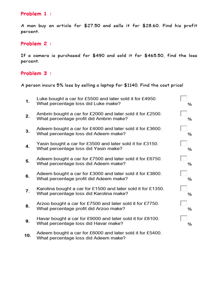 Profit and Loss Percentage Problems | PDF