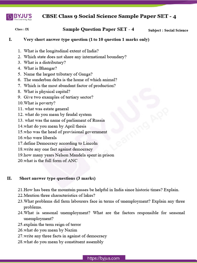 CBSE Class 9 Social Science Sample Paper SET 4 | PDF | Democracy ...
