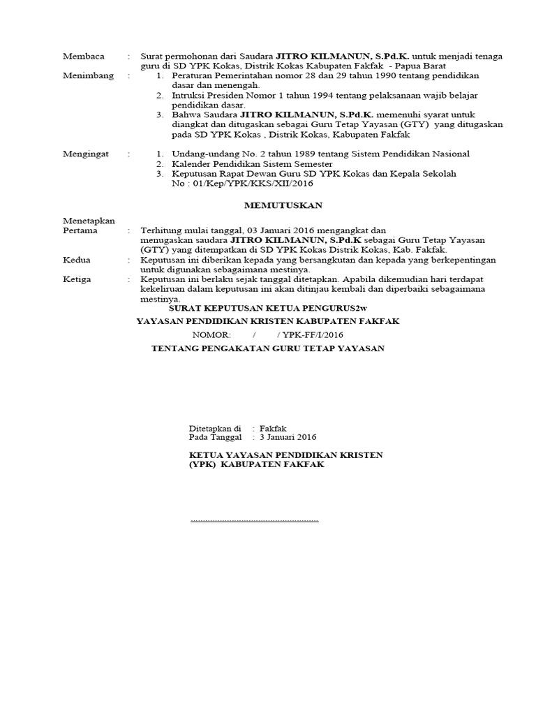 Contoh SK Guru Yayasan Gty | PDF