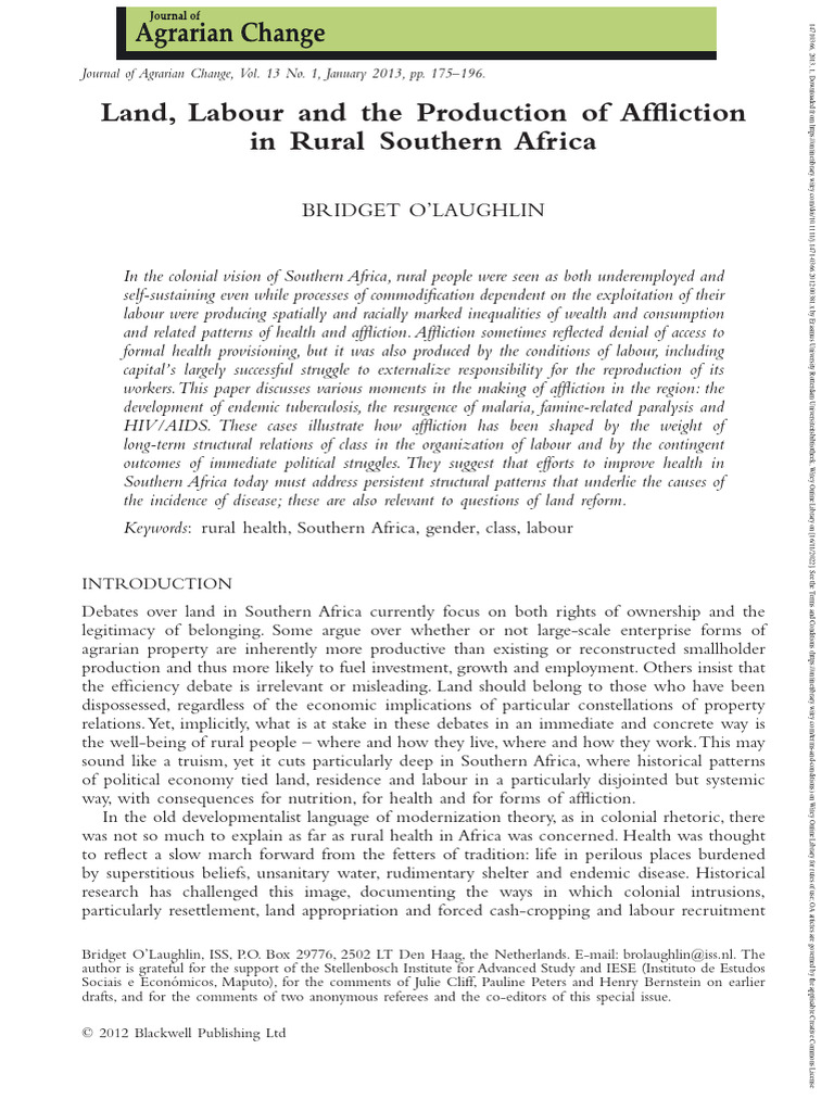 Journal of Agrarian Change - 2012 - O Laughlin - Land Labour and The ...