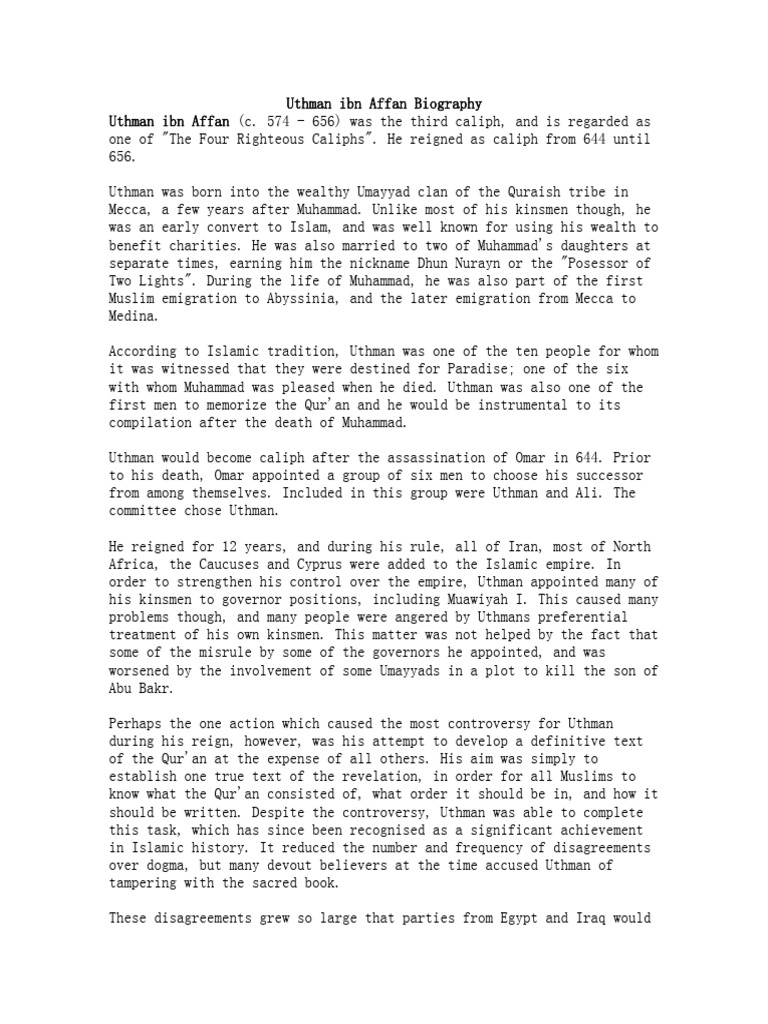 Uthman Ibn Affan Biography | PDF | Umar | Muhammad