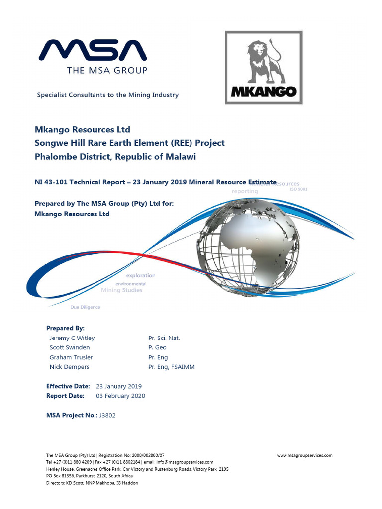 Mkango - Songwe Hill Rare Earth Element (REE) Project NI43-101 ...