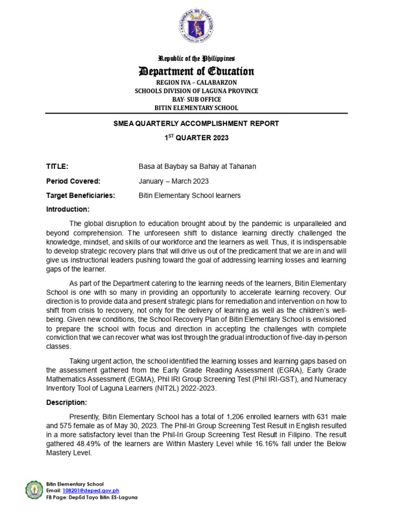 Bitin Elementary SMEA Report 2023 | PDF | Learning | Behavior Modification