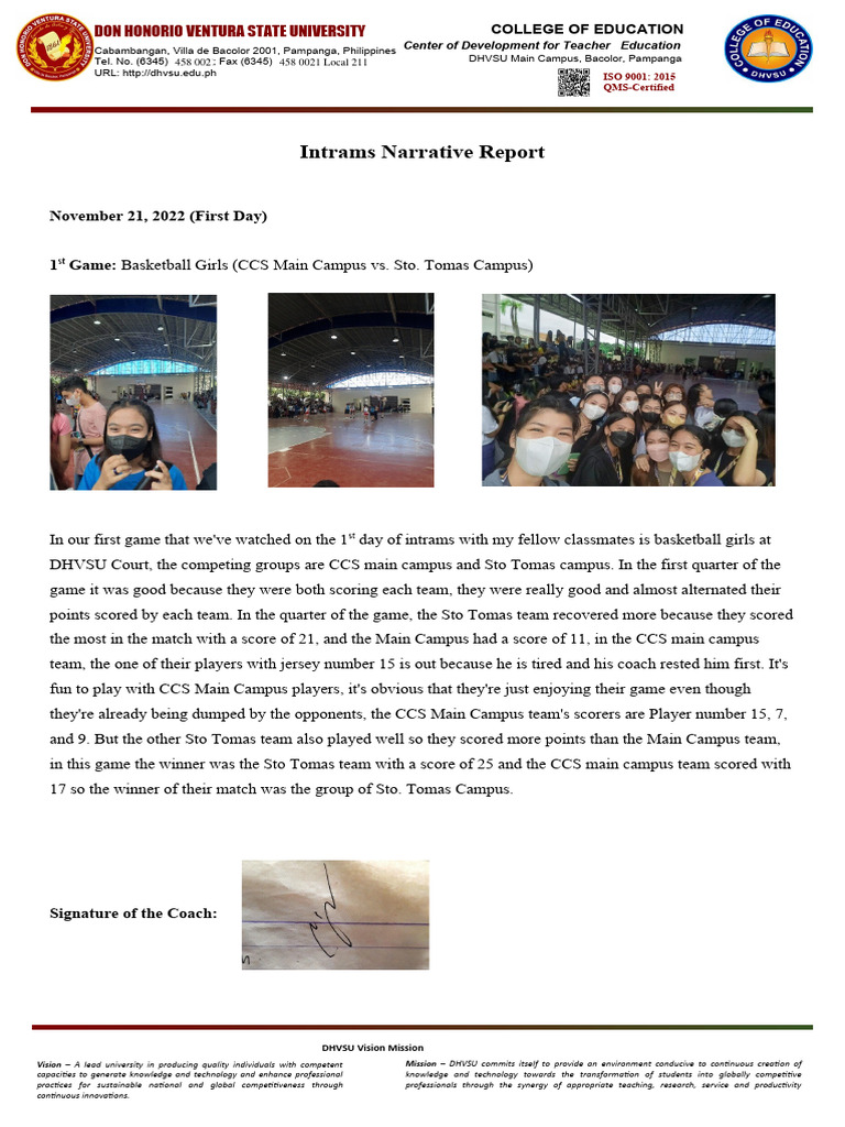 Intrams Narrative Report | PDF | Cognition