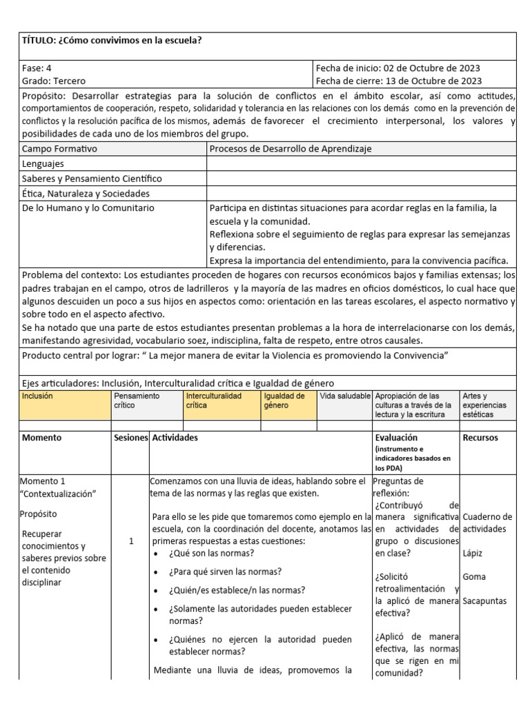 Proyecto Cómo Convivimos en La Escuela | PDF | Inclusión (Educación ...